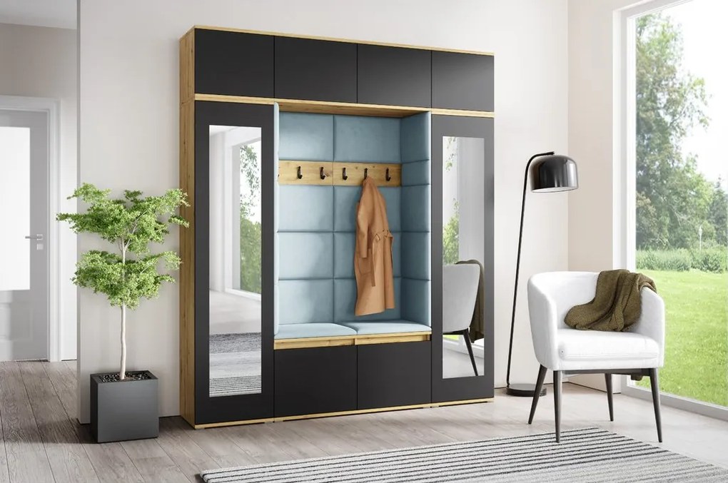 Eka Předsíňová stěna s čalouněnými panely Trinity 32 - Dub Artisan s černou / Světlá modrá 2322