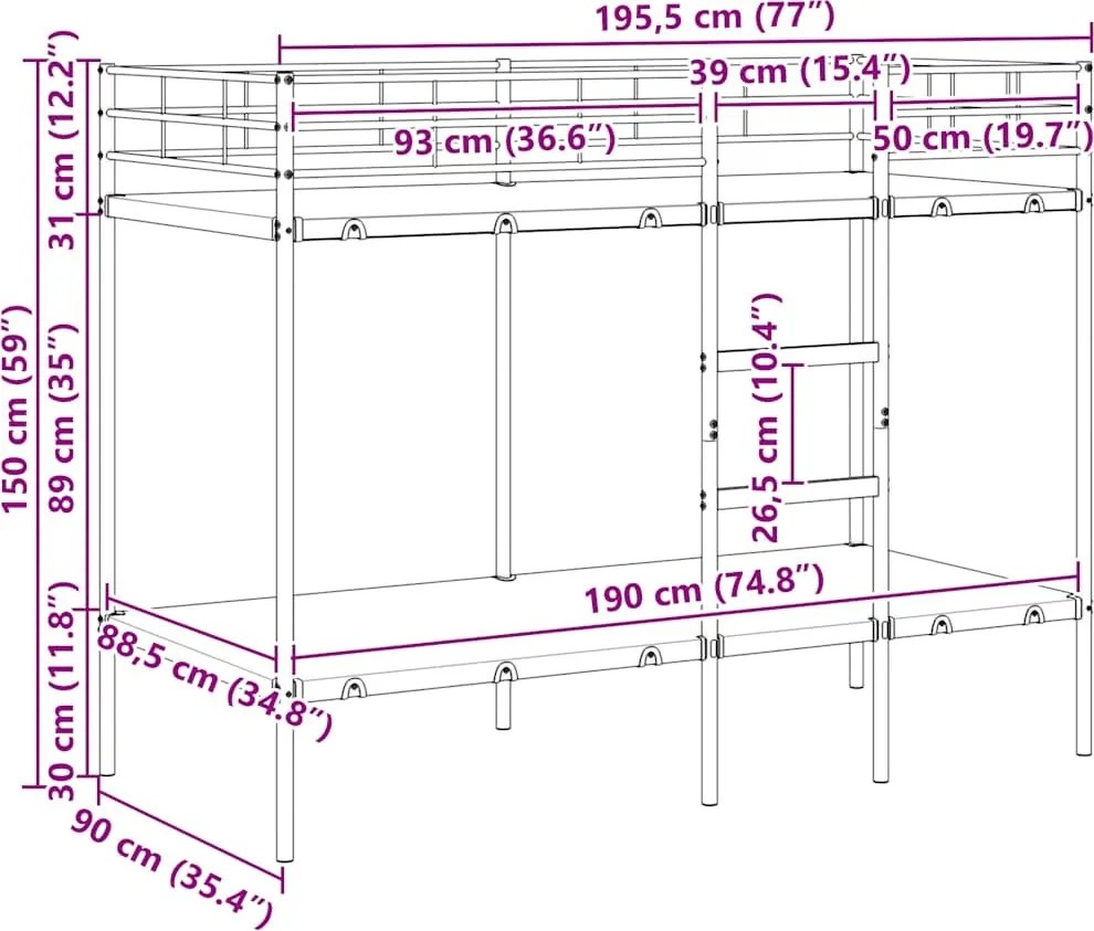 vidaXL Patrová postel bez matrace 90x190 cm ocel [42000328] Barva: Bílá