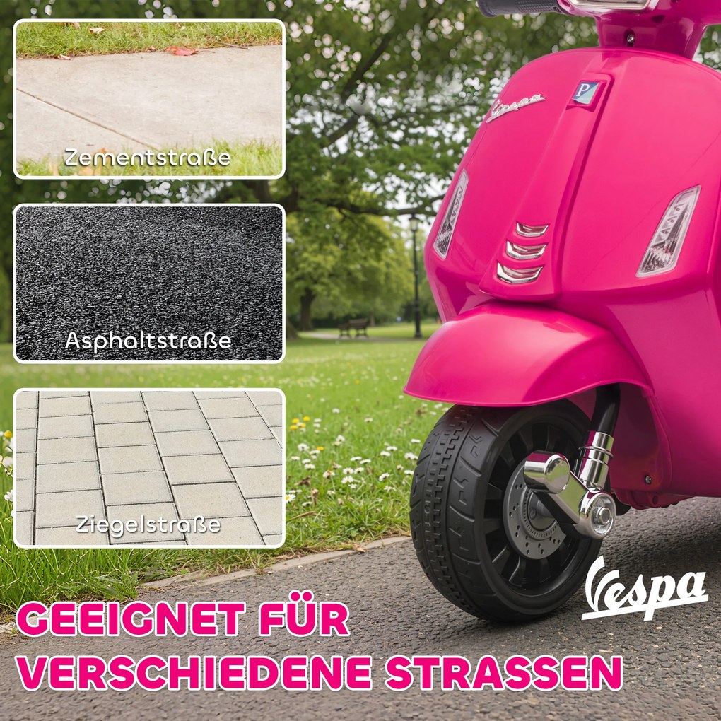 AIYAPLAY Elektrická dětská motorka Vespa 6V s pomocnými kolečky, světlometem a houkačkou pro 2–4 roky 71 x 37 x 52 cm, růžová