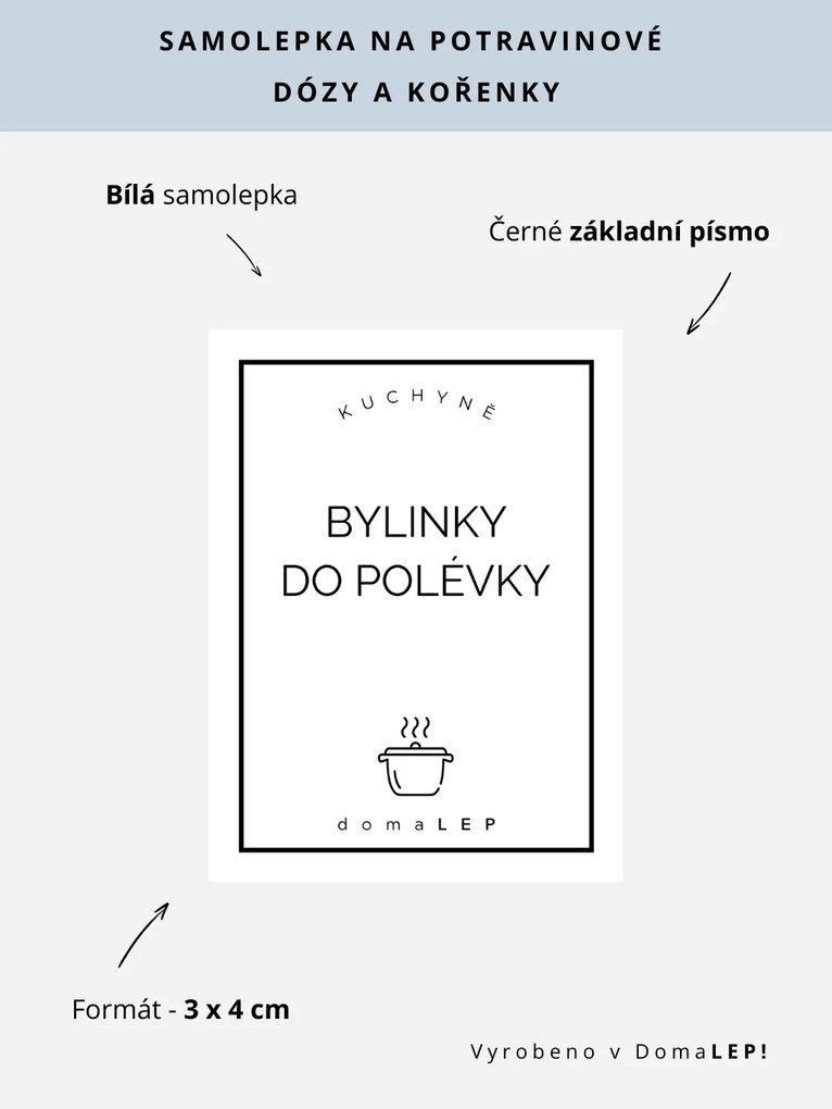 Samolepka na kořenky BYLINKY DO POLÉVKY bílá 3 × 4 cm základní písmo