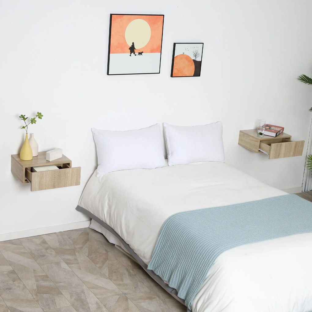 HOMCOM Sada 2 Floating Nočních Stolků s 1 Šuplíkem, Nástěnný Design Moderní Styl pro Ložnici 40x30x15 cm Přírodní