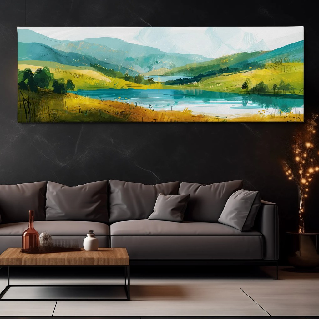 Obraz na plátně - Jezírko skryté v kopcích FeelHappy.cz Velikost obrazu: 150 x 50 cm