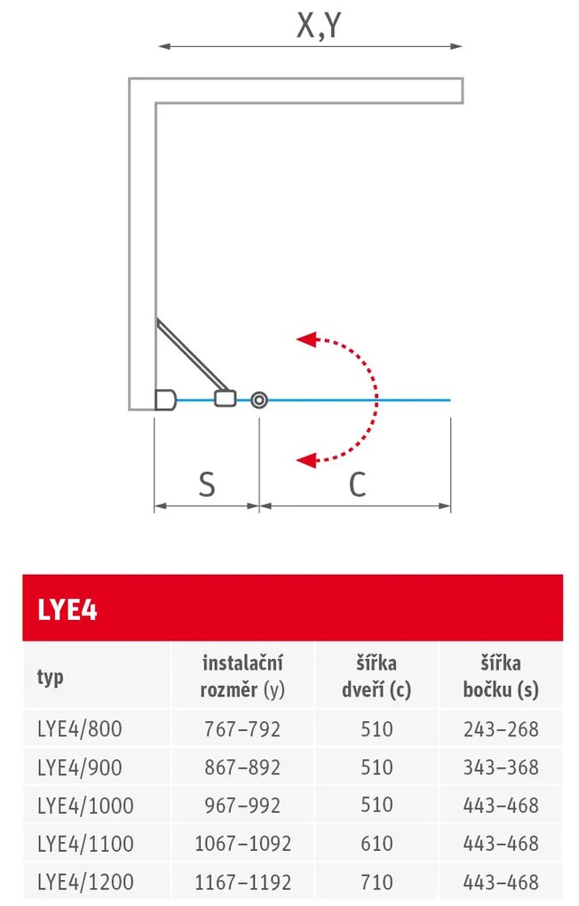 Sprchové dveře jednokřídlé s pevnou částí LZDO1 Viz technická specifikace Transparent Brillant LYE4/800+LYE4/900 800 900 LYE4/800_LYE4/900