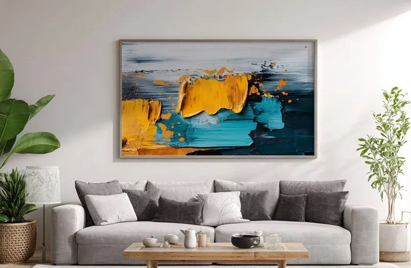 Zlatý kontrast - obraz - Moderní abstrakce s tyrkysovou energií 35A - 70 x 100 cm - 1 149 Kč