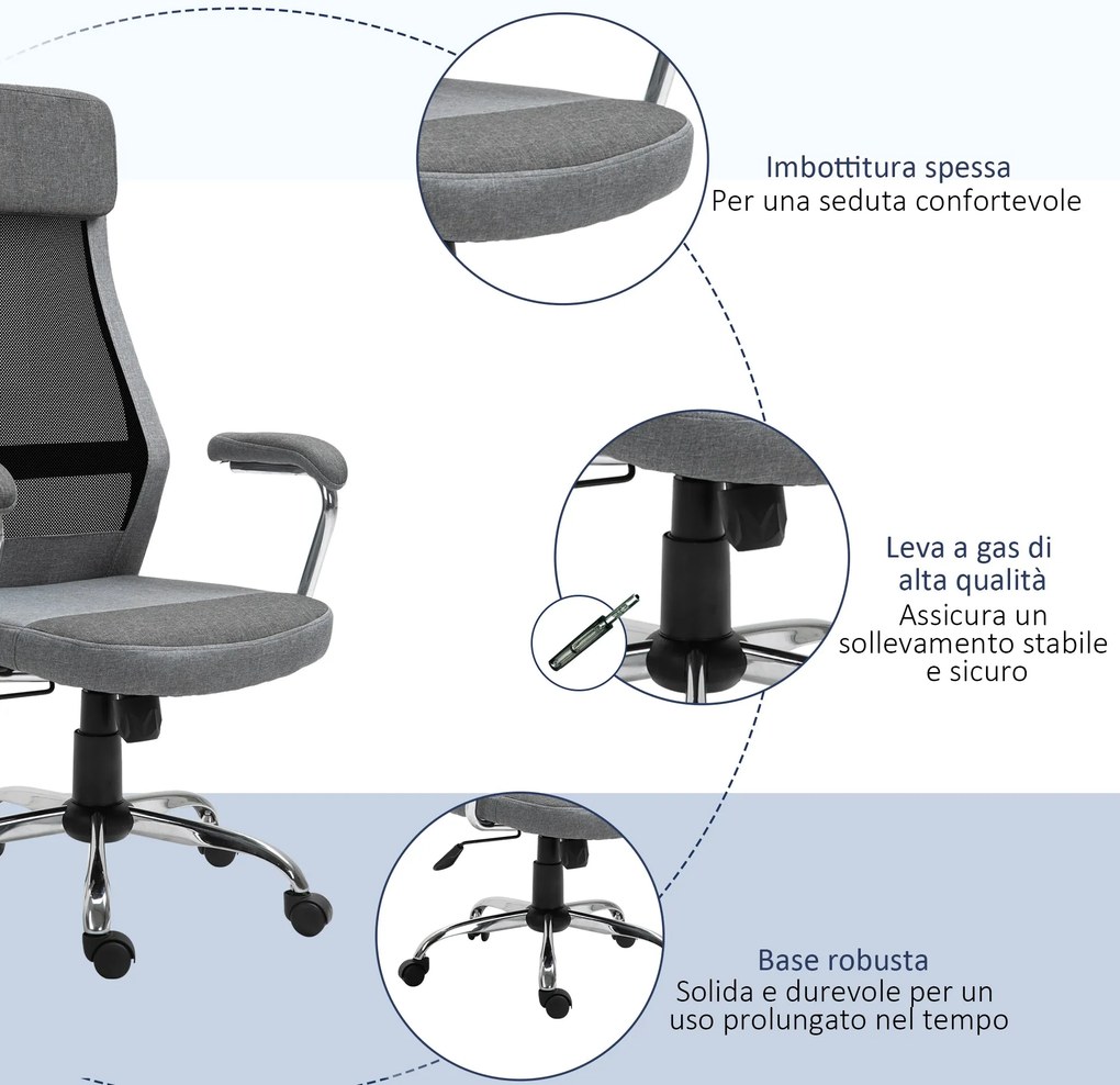 Vinsetto Ergonomická otočná kancelářská židle, nastavitelná výška a funkce houpání, síťovina, 65x67x119-129cm, Šedá