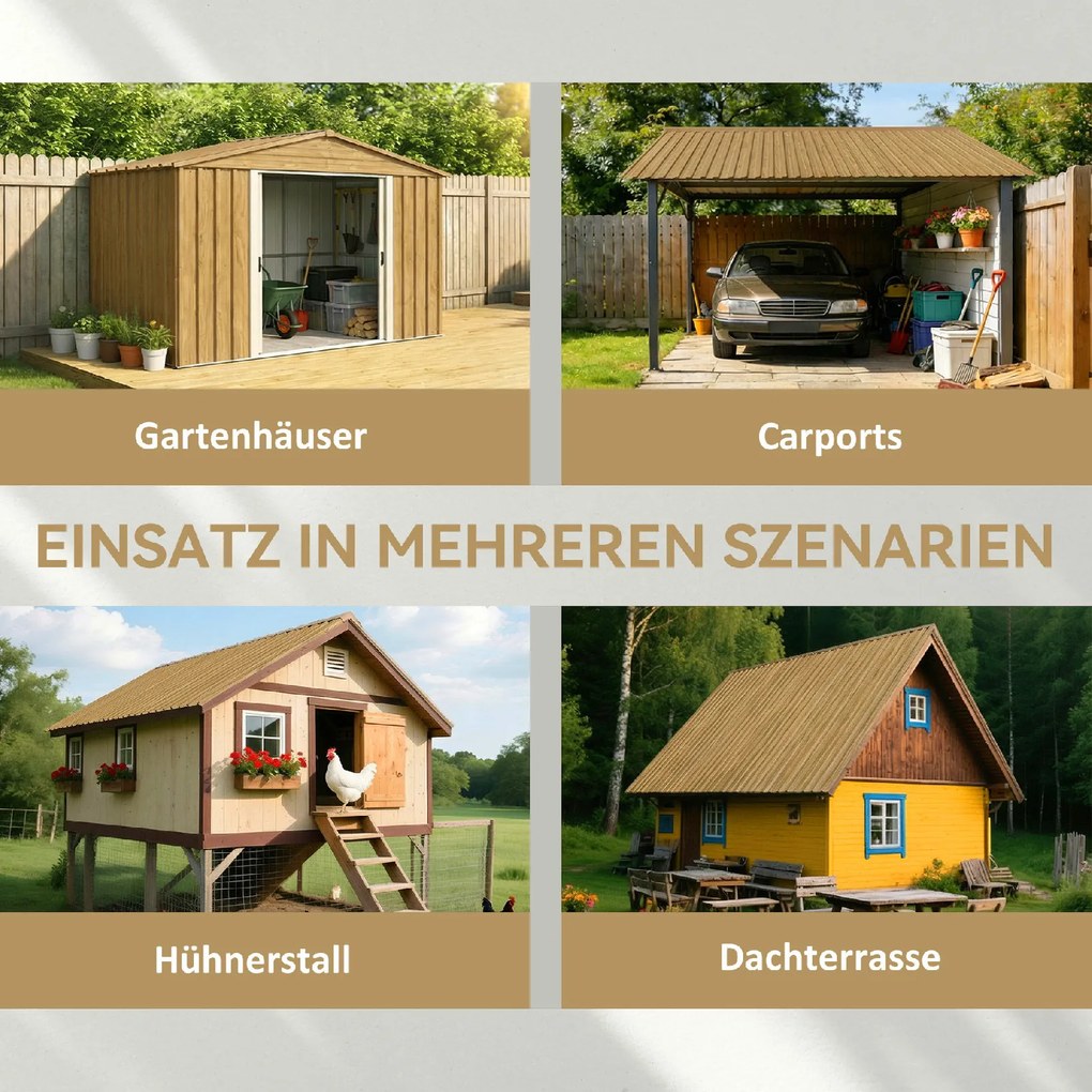 Outsunny 12 kusů trapézového plechu 129x45cm 7m² pozinkovaný střešní plech 0,25 mm odolný proti počasí přírodní dřevo