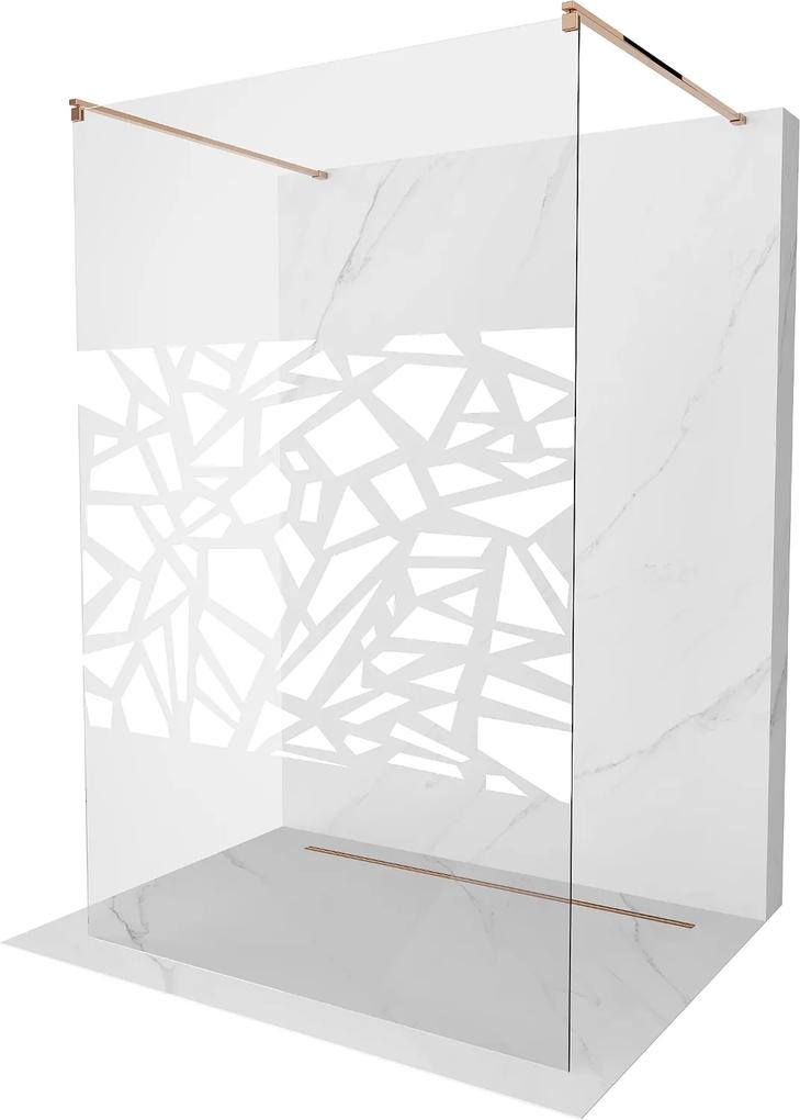 Mexen Kioto, průchozí sprchová zástěna 130 x 200 cm, 8mm sklo čiré/bílý vzor, 2x růžové zlato stabilizační rozpěra, 800-130-002-60-85