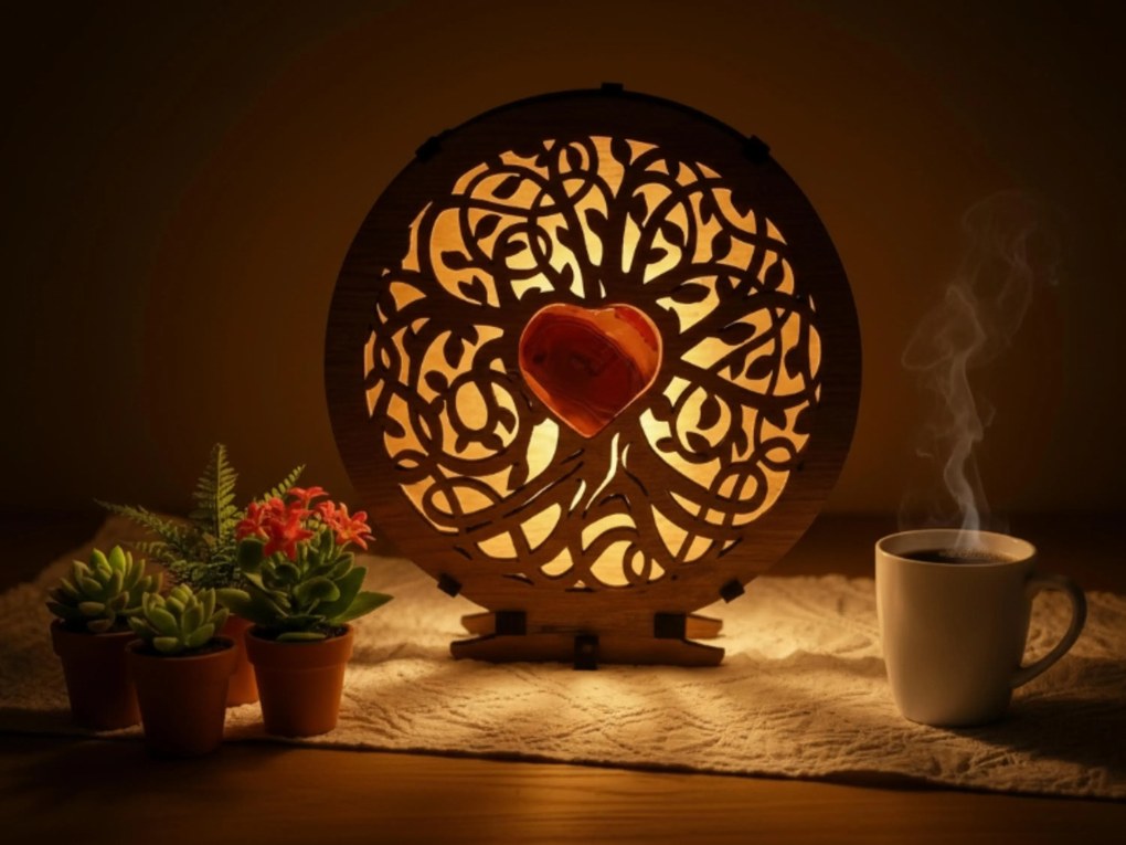 Li-Go "Strom života s achátovým srdcem 5 cm" dřevěná lampa 20x22 cm
