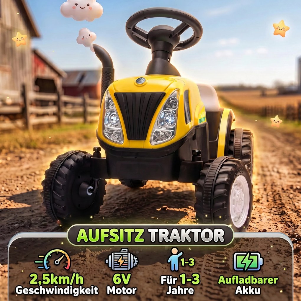 AIYAPLAY Elektrický dětský traktor s odnímatelným přívěsem, sedací traktor s lithiovou baterií, pedál na nohy, hudba, klakson, světlo, žlutá