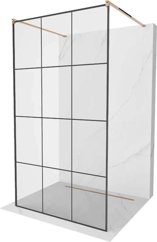 Mexen Kioto, průchozí sprchová zástěna 110 x 200 cm, 8mm sklo čiré/černý vzor, 2x růžové zlato stabilizační rozpěra, 800-110-002-60-77