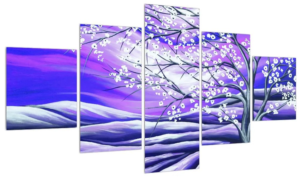 Fialový obraz rozkvetlého stromu (125x70 cm)