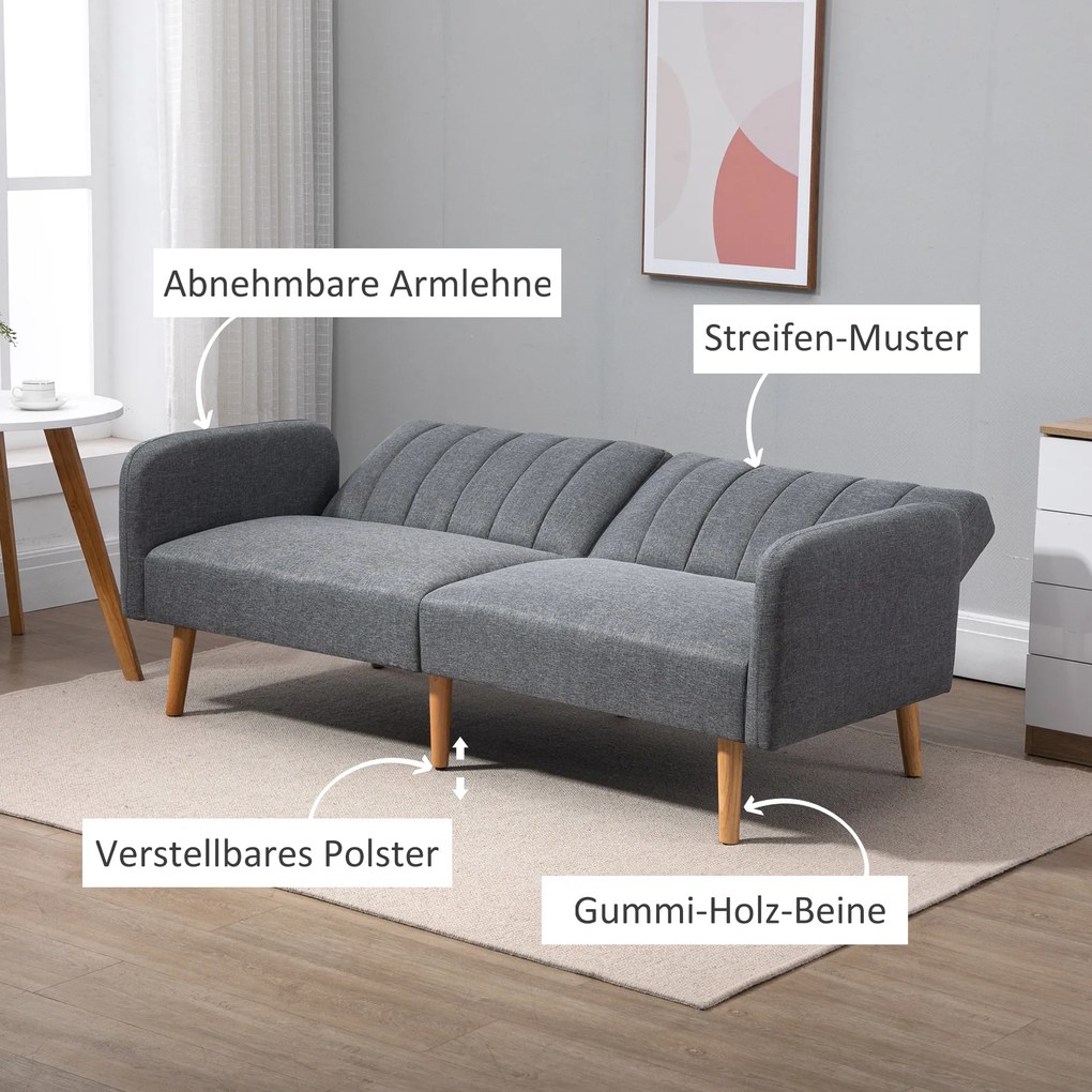 HOMCOM Rozkládací pohovka 2místná, rozkládací pohovka s funkcí spaní, polyester podobný lnu, kaučukové dřevo, šedá, 173x75x73cm