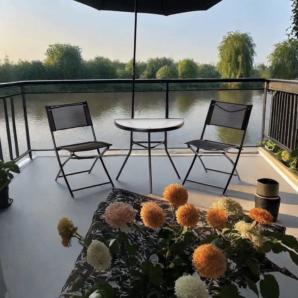 Zahradní půlkruhový stůl se skleněnou deskou ISLAND 70x40 cm, černý