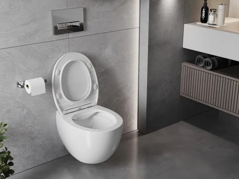 Mexen Egg WC mísa Rimless s pomalu sklápějícím sedátkem slim, duroplast, bílý lesk - 30245000