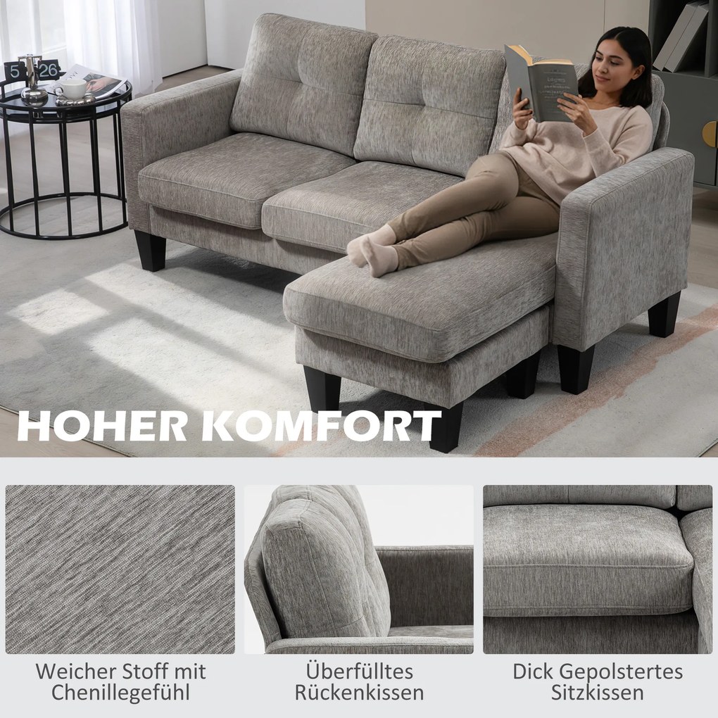 HOMCOM Rohová pohovka ve tvaru L, čalouněná polyestrem, s reversibilním lenoškou a 3 polštáři pro obývací pokoj, nosnost 180 kg, 186x130x84 cm, hnědá…