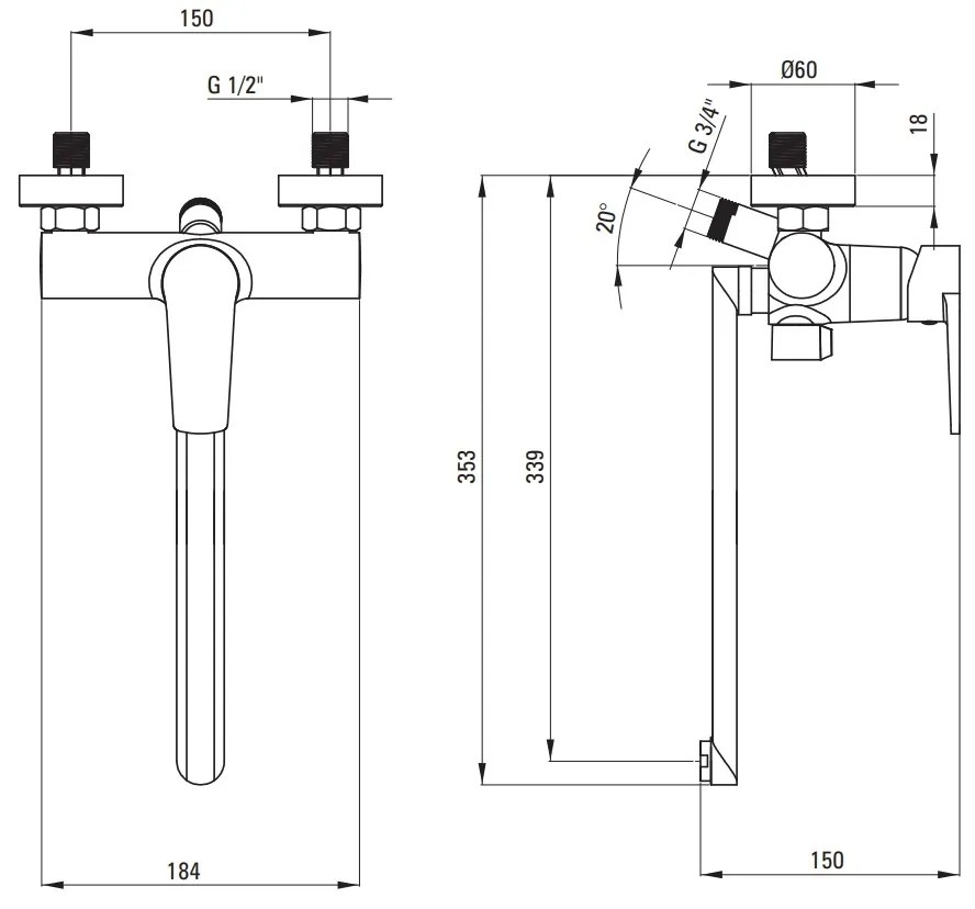 Deante Tubo, nástěnná vanová baterie s prodlouženým ramenem 339mm a ruční sprchovou soupravou, chromová, DEA-BUT_057M