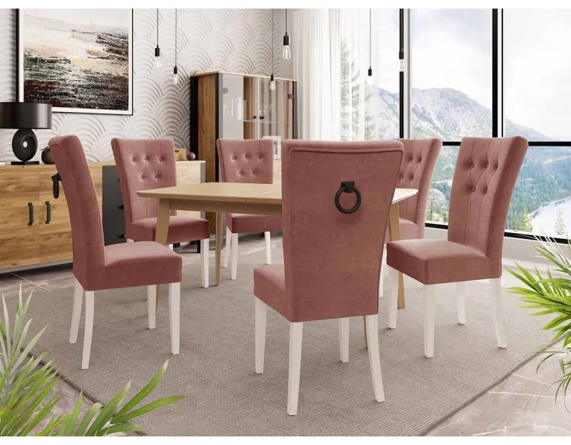 Rozkládací stůl 140x80 se 6 židlemi ST67, barva: natura, barva: bílá, Klepadlo: chrom, Potah: Magic Velvet 2250