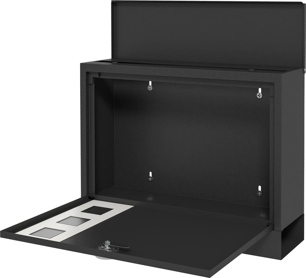 HOMCOM Poštovní schránka černá s přihrádkou na noviny, kovová s průhledem, vodoodpudivá, 2 klíče, 36.5x11.5x29cm