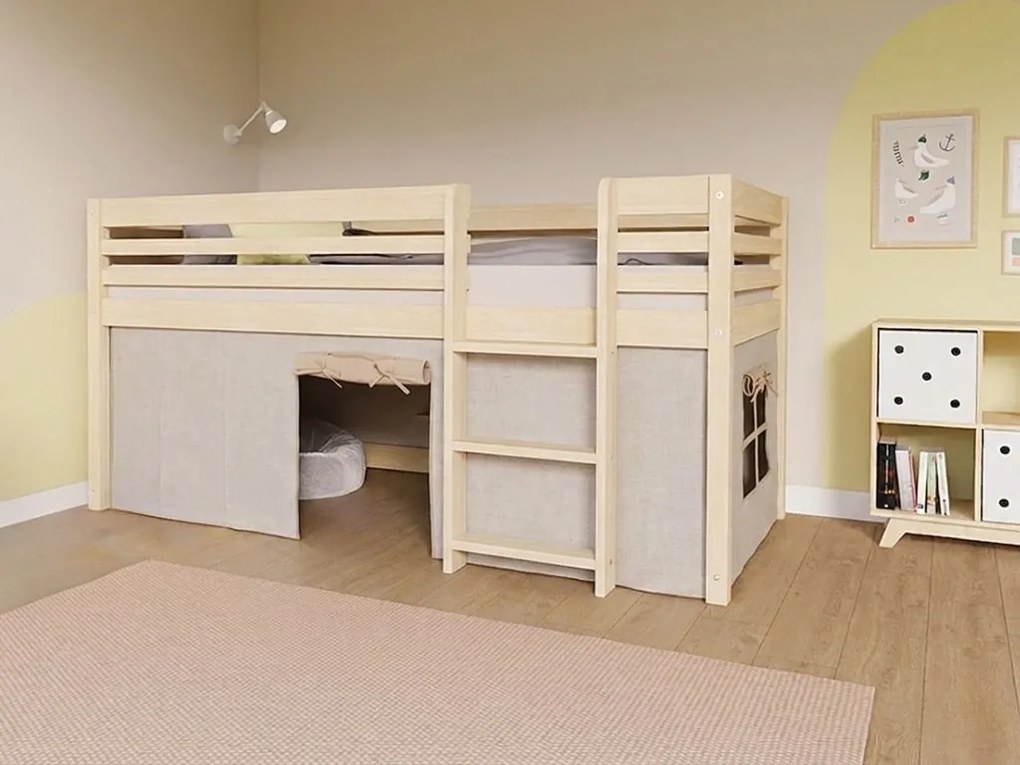 Benlemi Nízká vyvýšená postel TULY s žebříkem 90x200 cm Zvolte barvu: Bílá, Zvolte stranu: Vlevo, Zvolte variantu: Se závěsem
