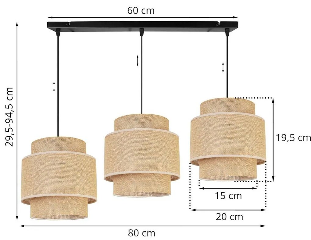 Závěsné svítidlo BOHO, 3x jutové stínítko, (výběr ze 2 barev konstrukce)