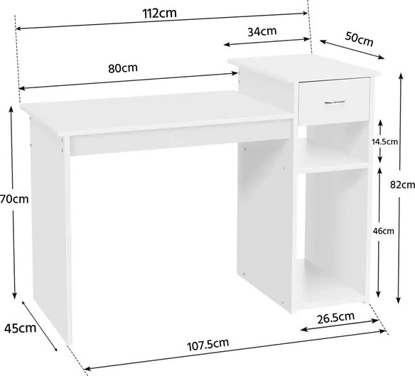 Psací stůl Yaheetech – bílá, 112 cm (délka) × 50 cm (šířka) × 82 cm (výška) (254234316789)