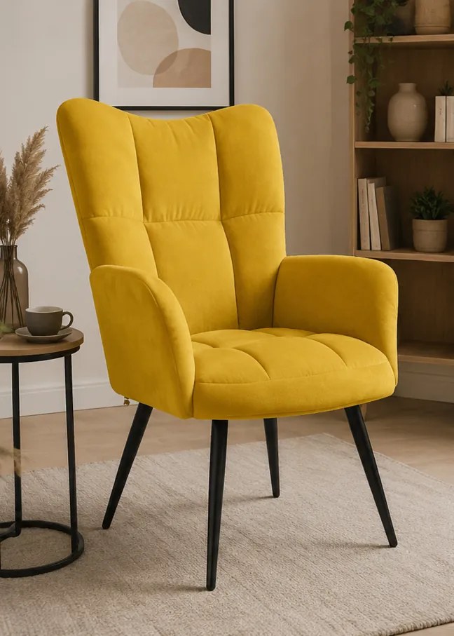 křeslo relaxační, odpočinkové, ušák, kov/samet, 98x63x69 cm, černá/hořčicově žlutá, Dekorino KR20260008