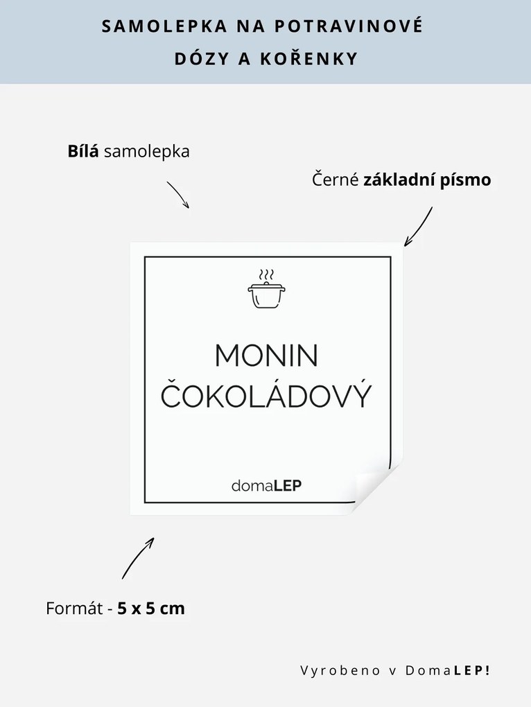 Samolepka na láhev MONIN ČOKOLÁDOVÝ 5 x 5 cm – bílá vinylová, voděodolná, omyvatelná samolepka na dózy, základní písmo