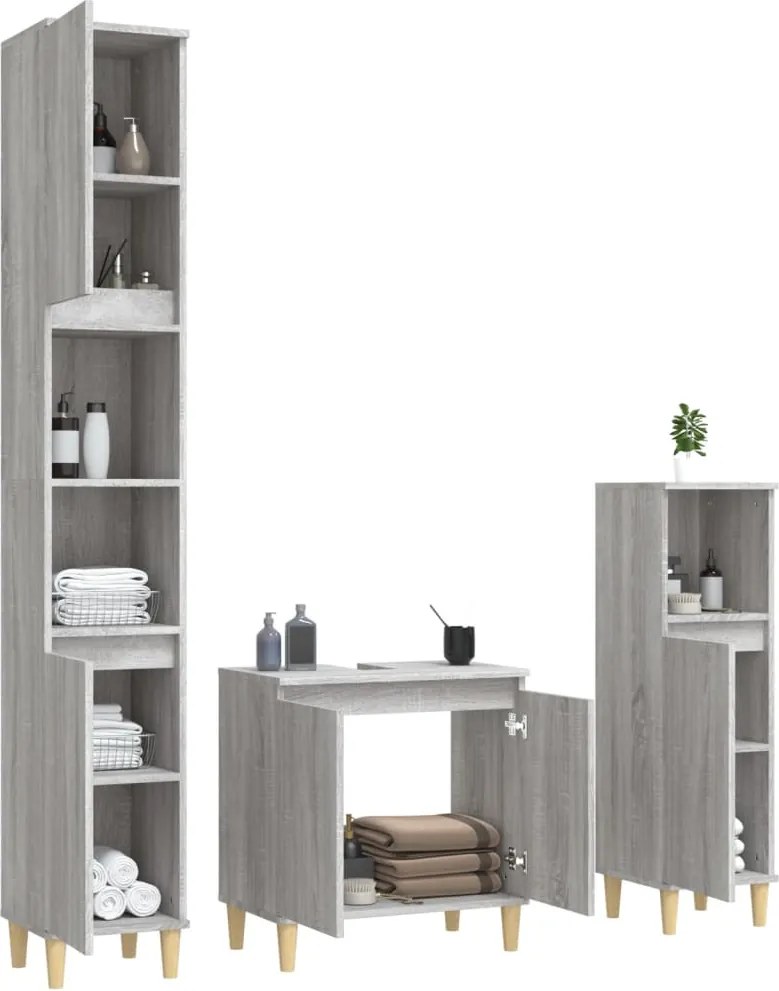 3dílný set koupelnového nábytku šedý sonoma kompozitní dřevo 3185587