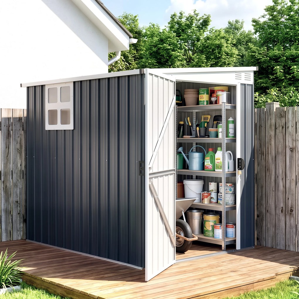 Metalový zahradní přístřešek Outsunny 2.6m² 128x193x181cm s pultovou střechou, oknem a zámkem, odolný proti počasí pro zahradní a venkovní použití Tm…