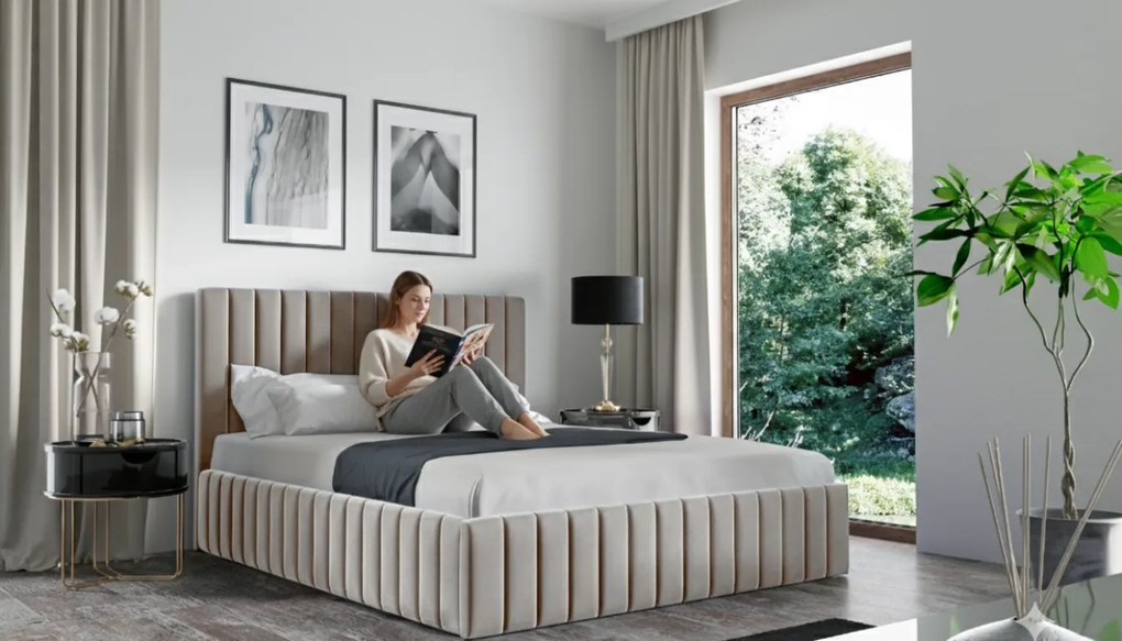 Eka Čalouněná postel INTIMA 120x200 cm Barva látky Trinity: Krémově bíla (Trinity 2301), Úložný prostor: Bez úložného prostoru