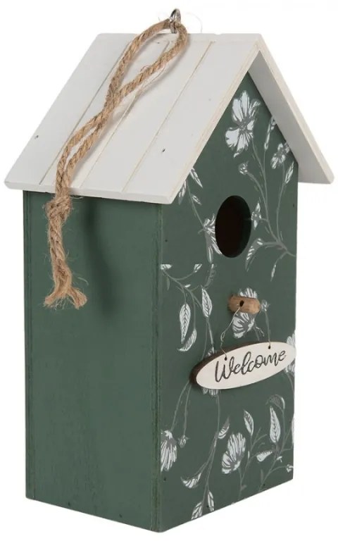 Zelená dřevěná budka pro ptáčky s listy a cedulí Welcome – 15x10x22 cm