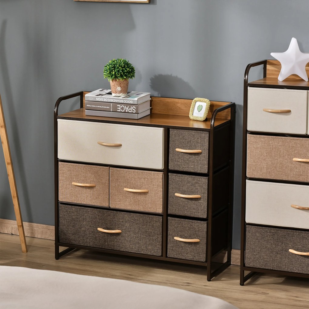 HOMCOM Textilní Komoda s 7 Skládacími Zásuvkami, Dřevěný Přední Panel a Kovový Rám pro Ložnici a Obývací Pokoj 80x29x78,5 cm