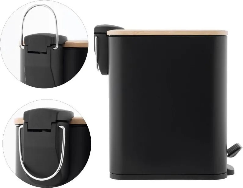 Erga Moby, obdélníkový odpadkový koš 5l na postavení, Soft-Close zavírání, černá matná-přírodní hnědá, ERG-YKA-CH.MOBY-5-BLK