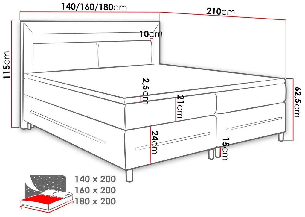 Boxpringová manželská postel s LED osvětlením 140x200 GALWAY - černá ekokůže + topper ZDARMA