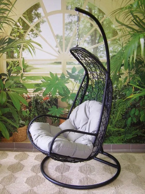 Ratan závěsné relaxační křeslo LAZY černé - šedý sedák