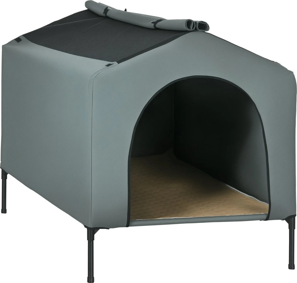 PawHut Psí Bouda s Krytem pro Venkovní Použití 130x85x95 cm Zvýšená Postel pro Mazlíčky s Polštářem a Rolovacími Síťovými Okny pro Velké Psy Šedá | Ao