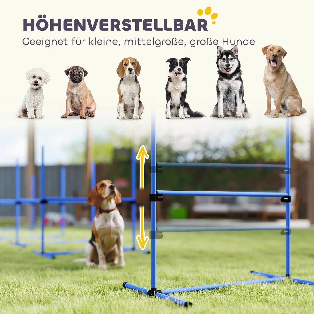 PawHut agility set pro psy 4-dílný 99x65x94 cm výškově nastavitelný se 2 překážkovými tyčemi 2 slalomovými tyčemi a 4 plastovými zemními tyčemi Modrá…