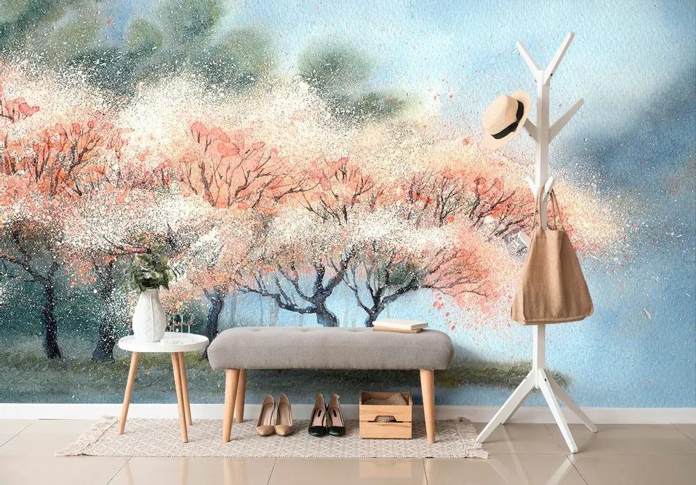 Samolepící tapeta akvarelové kvetoucí stromy - 450x300 cm