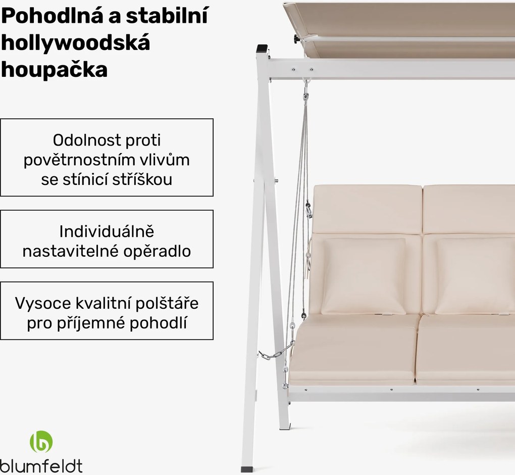 Blumfeldt FlexiSwing hollywoodská houpačka 3místná Nastavitelné opěradlo + sluneční stříška, odolná vůči povětrnostním vlivům