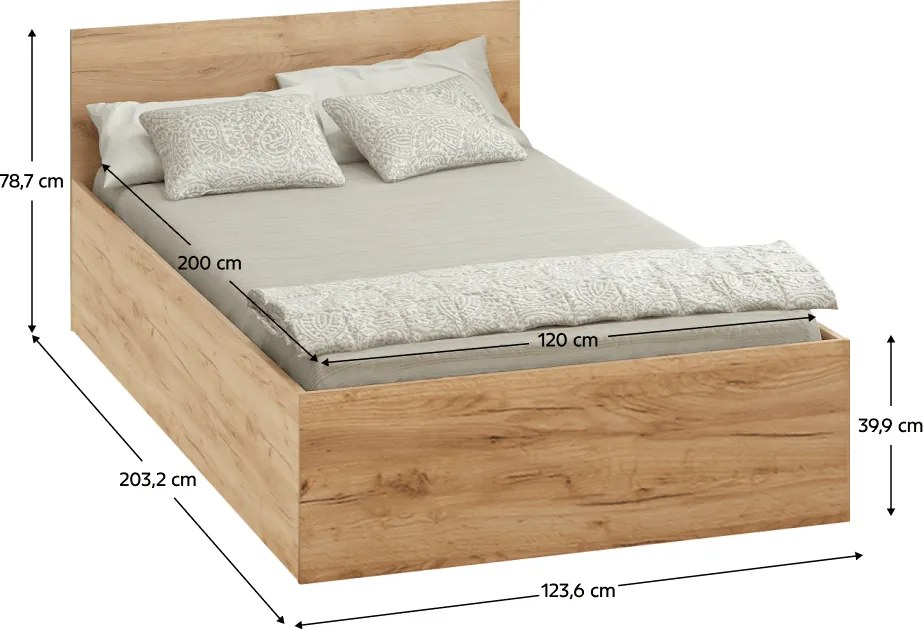 Postel s kovovým roštem a úložným prostorem, 120x200, dub craft zlatý, DOLI