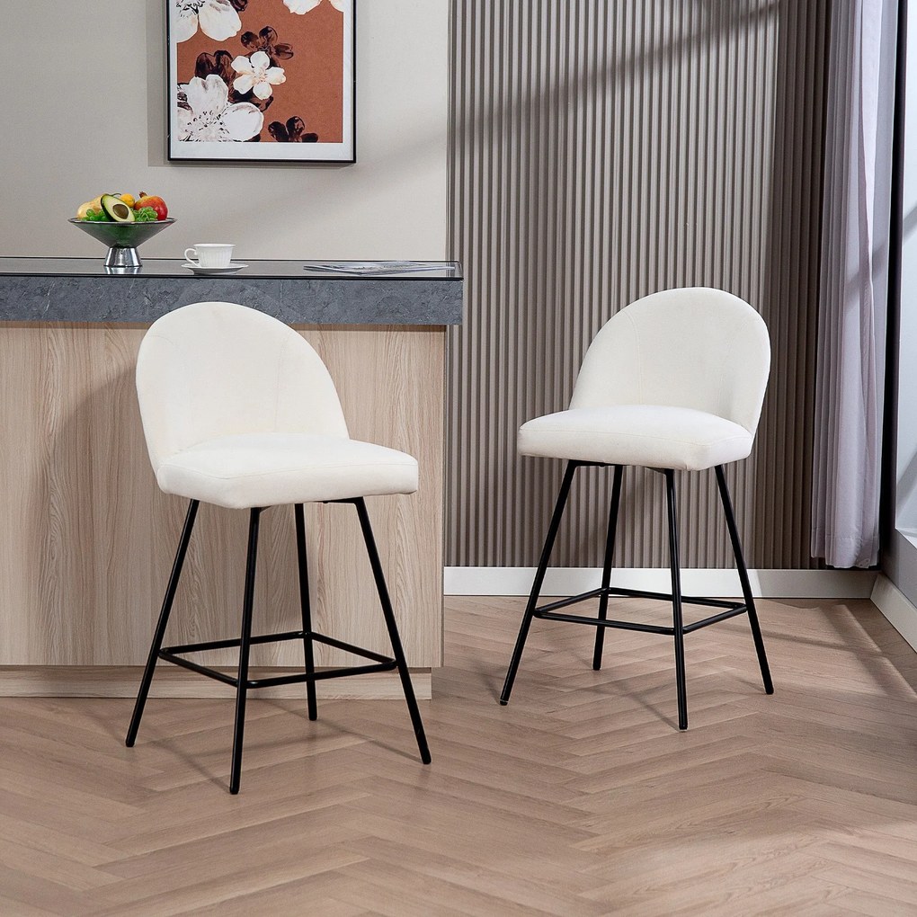 HOMCOM Sada 2 Barových Židlí s Velurovým Opěradlem, Vysoké Židle s Opěrkou Nohou pro Kuchyňský Ostrov a Barový Pult, 48,5x56x92 cm, Krémově Bílá