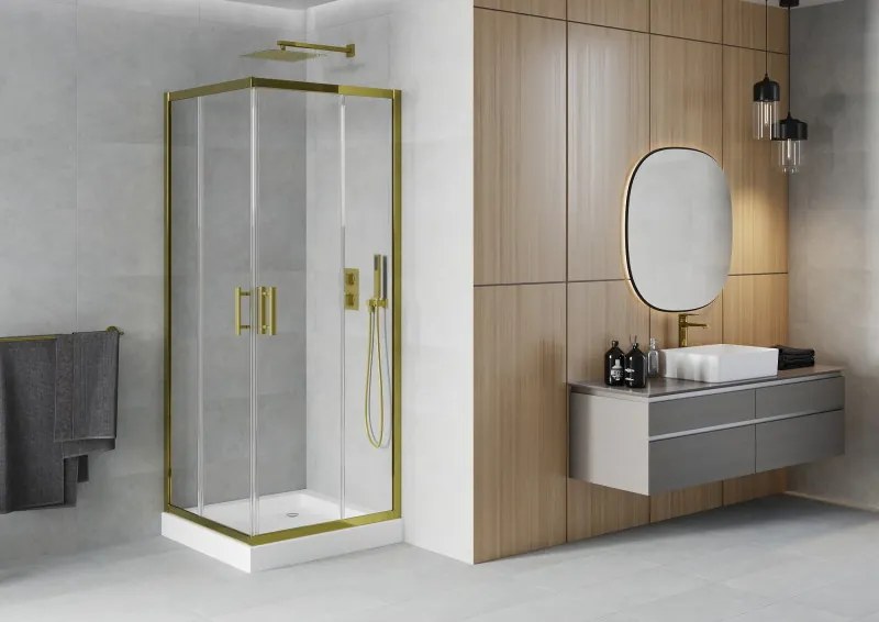 Mexen Rio, čtvercový sprchový kout s posuvnými dveřmi 80 (dveře) x 80 (dveře) x 190 cm, 5mm čiré sklo, zlatý profil + bílá sprchová vanička RIO, 860-080-080-50-00-4510