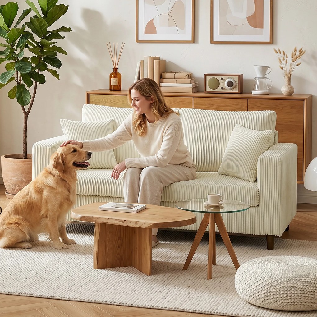 HOMCOM 2místná pohovka z žebrovaného veluru, moderní obývací pohovka 170 cm, široké sedadlo, polštáře s kapsovými pružinami, krémová