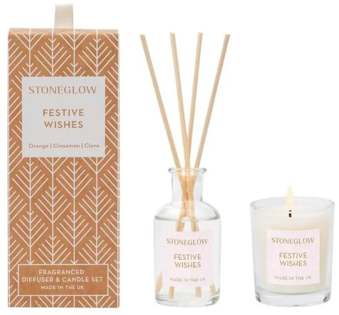 Vonná sada Festive Wishes, svíčka 75g a mini difuzér 50ml - Stoneglow Candles