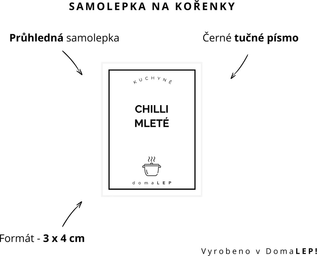 CHILLI MLETÉ - Samolepka na kořenky 3 x 4 cm - DomaLEP varianta: BÍLÁ - základní písmo