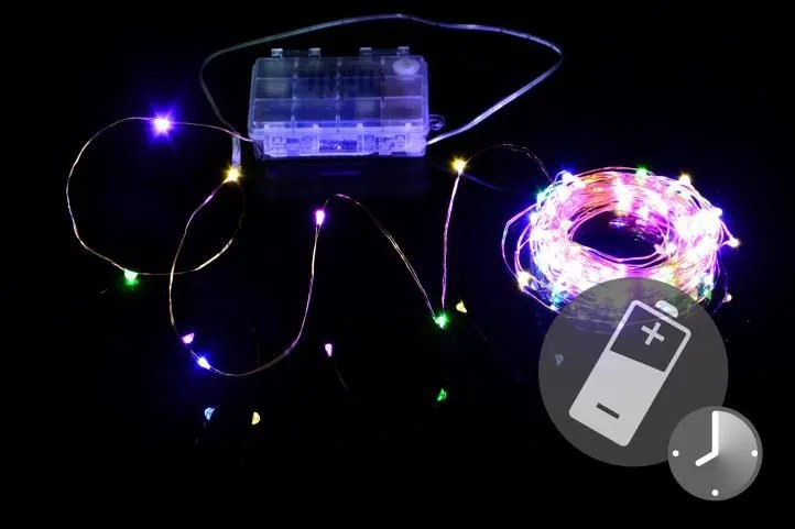 LED řetěz na baterie, drát + mini LED diody, časovač, 9,7 m