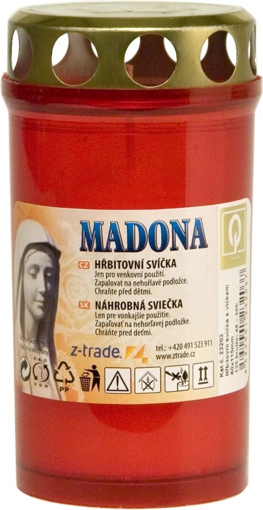Hřbitovní svíčka Madona s plechovým víčkem, červená, 135 g