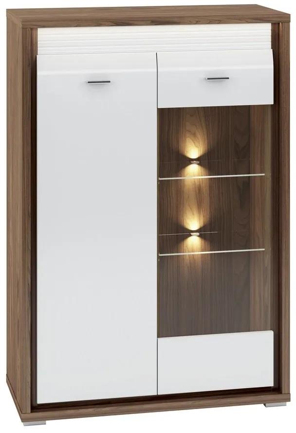 Casarredo - Komfort nábytek Komoda s vitrínou NATANS 2-dveřová s LED osvětlením, ořech/bílá lesk