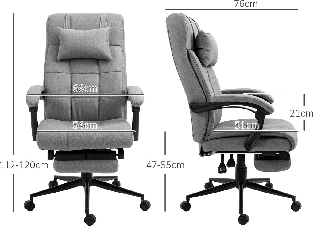 Kancelářská židle Vinsetto s polštářem pod hlavu a područkami, výškově nastavitelná otočná židle s podnožkou, lněná, ergonomická, 66 x 70 x 116-124 cm