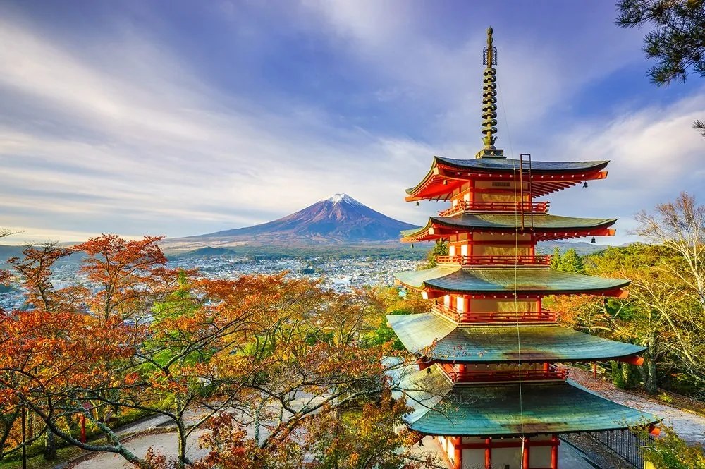 Samolepící fototapeta výhled na Chureito Pagoda a horu Fuji - 150x100 cm